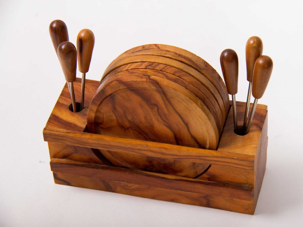 Wooden cocktail bar set coasters cocktail olive forks holder set of 6 ...