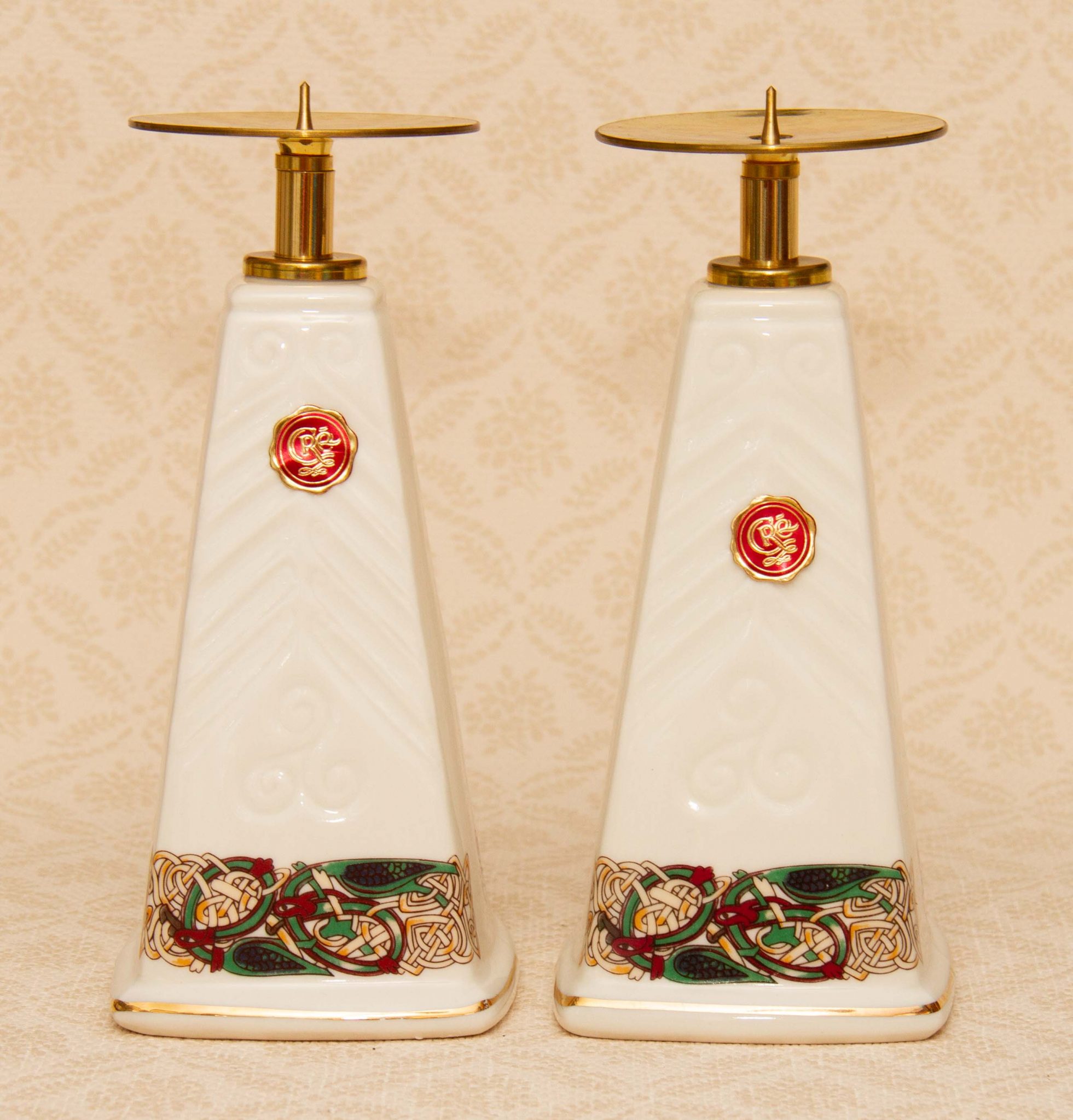 Cre Irish Porcelain and Brass Pair of Candlesticks Celtic Knot Bird ...