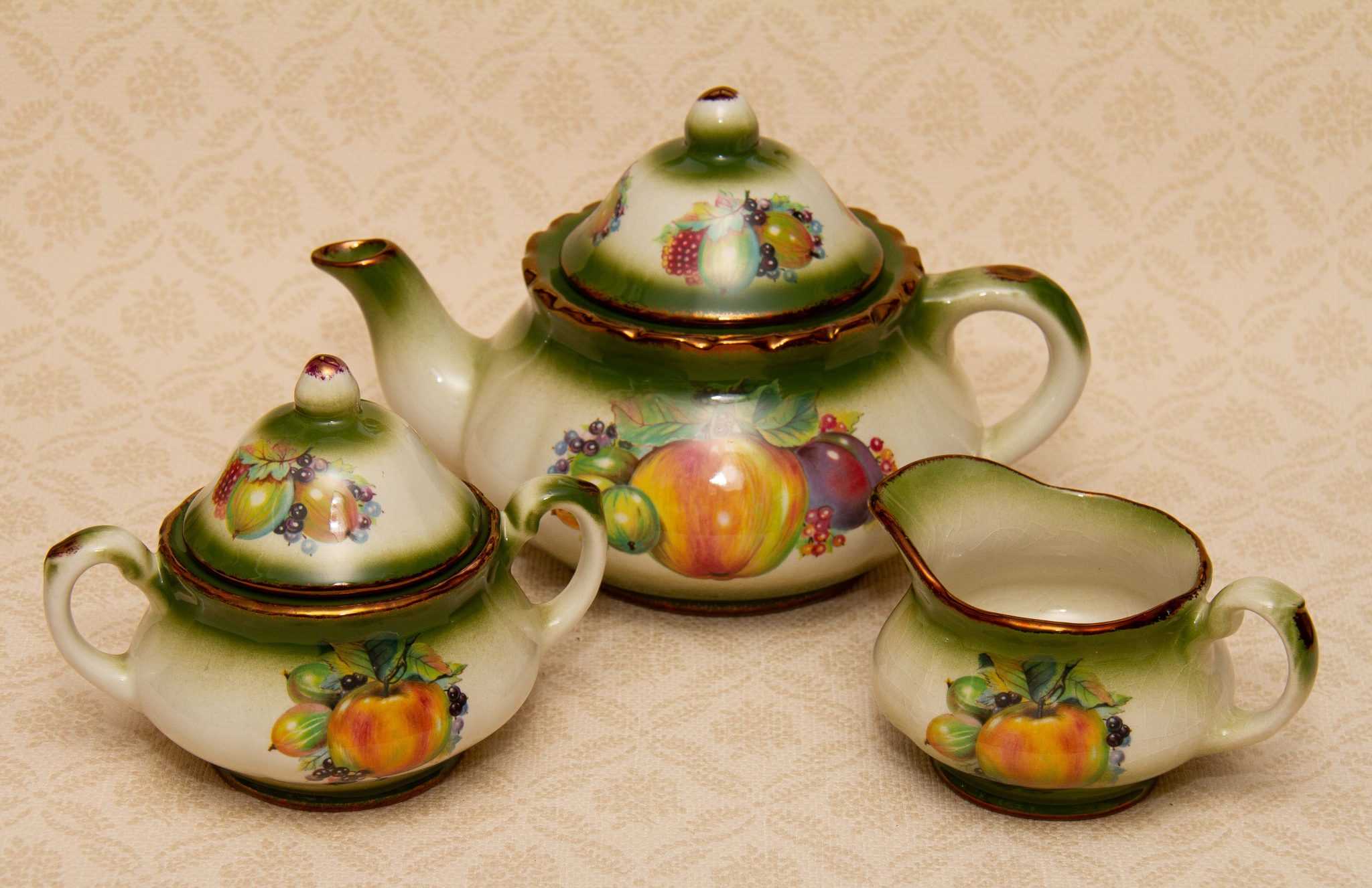 Mayfair Pottery Tea Set Teapot Sugar Bowl Jug Fruit Design Green and ...