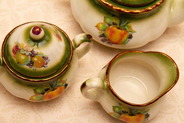 Mayfair Pottery Tea Set Teapot Sugar Bowl Jug Fruit Design Green and ...