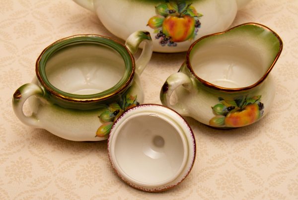 Mayfair Pottery Tea Set Teapot Sugar Bowl Jug Fruit Design Green and ...