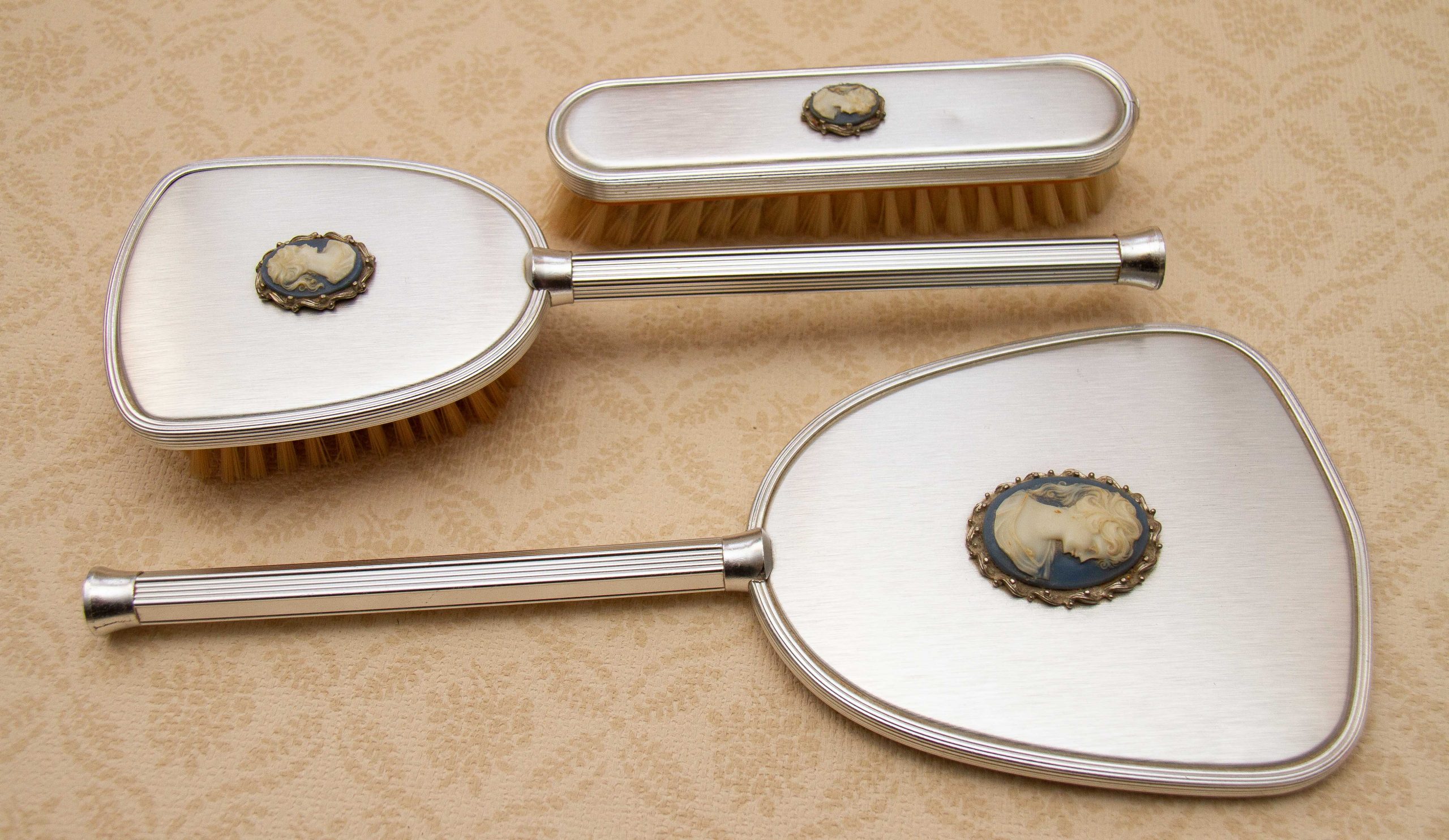 Vintage Dressing Table Set Silver Metal With Cameo, Hand Mirror ...