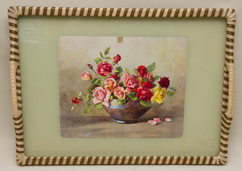 Large Floral Picture Vintage Serving Tray, Bowl of Roses, Woven Edge ...
