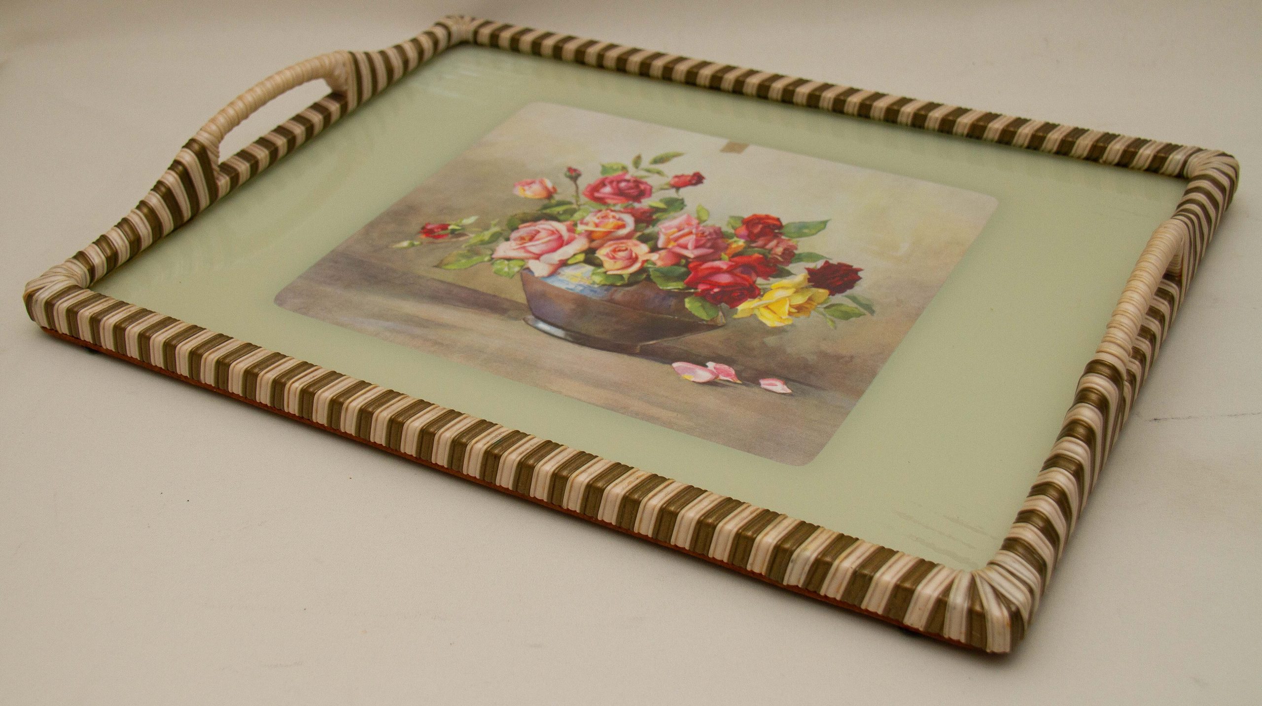 Large Floral Picture Vintage Serving Tray, Bowl of Roses, Woven Edge ...