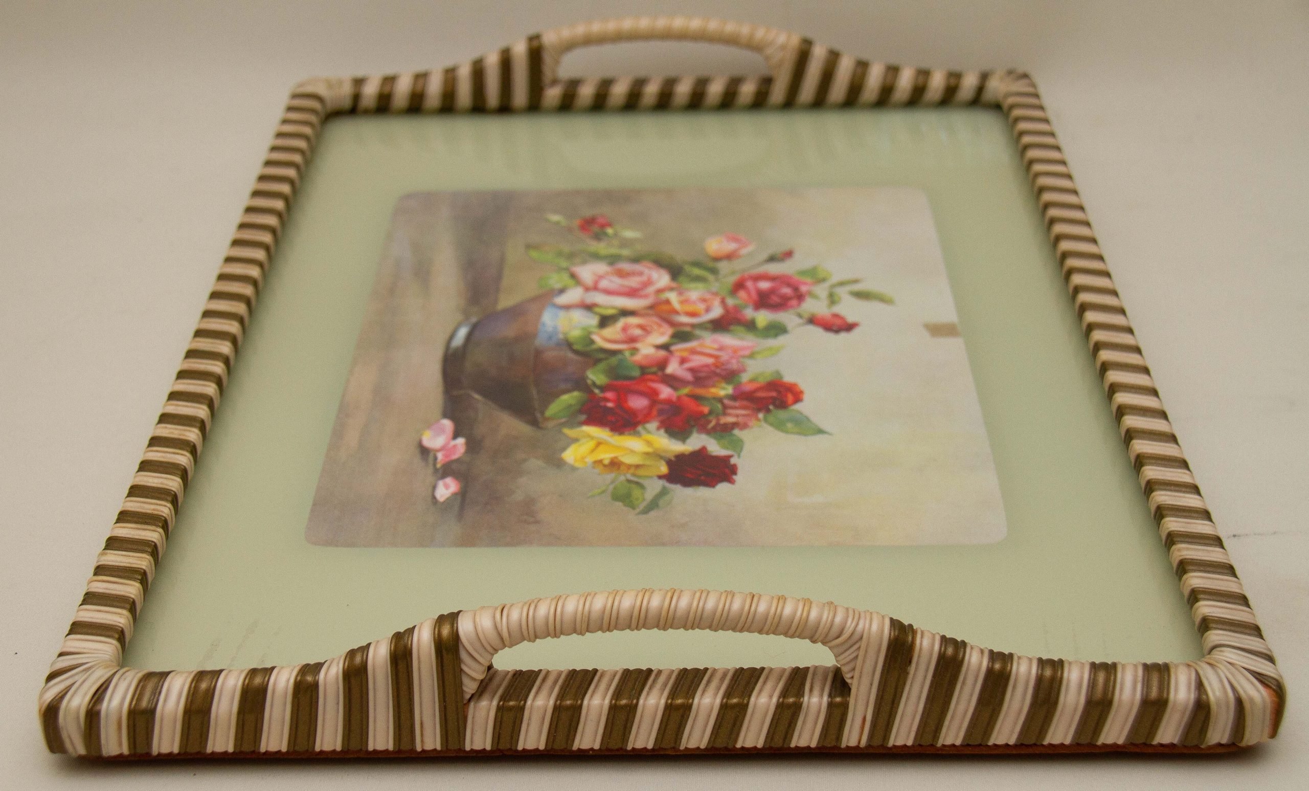 Large Floral Picture Vintage Serving Tray, Bowl of Roses, Woven Edge ...