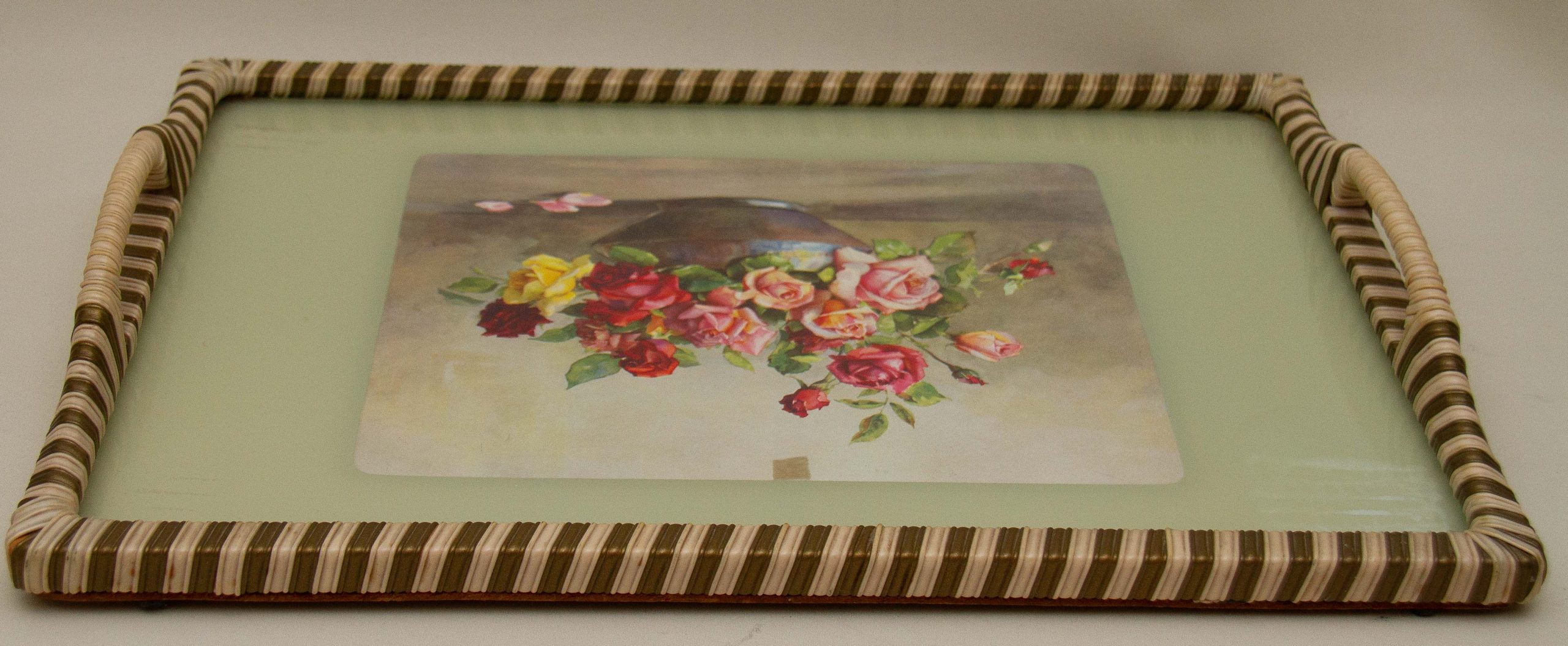 Large Floral Picture Vintage Serving Tray, Bowl of Roses, Woven Edge ...