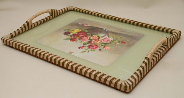 Large Floral Picture Vintage Serving Tray, Bowl of Roses, Woven Edge ...