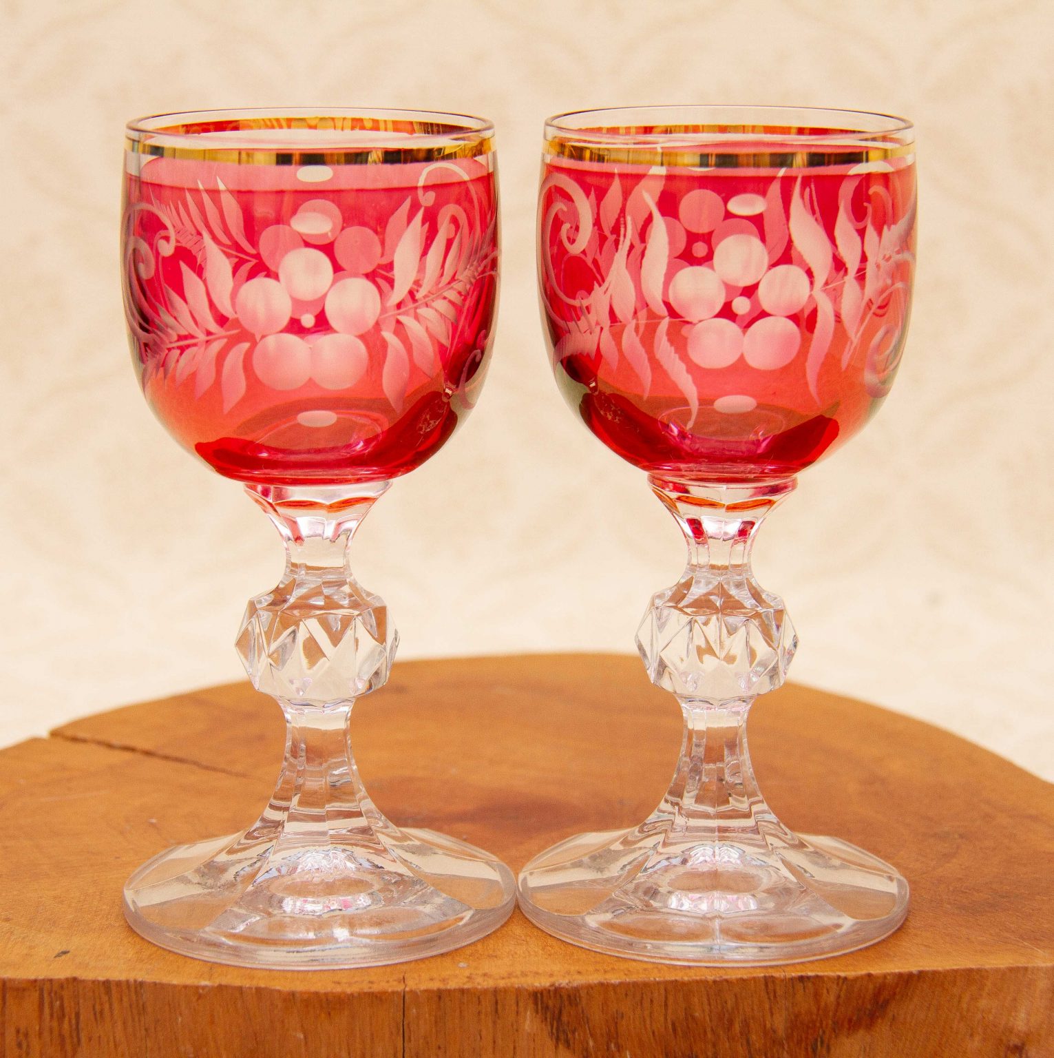 Cranberry Flash Cut Vintage Cordial Shot Glasses - Love Vintage