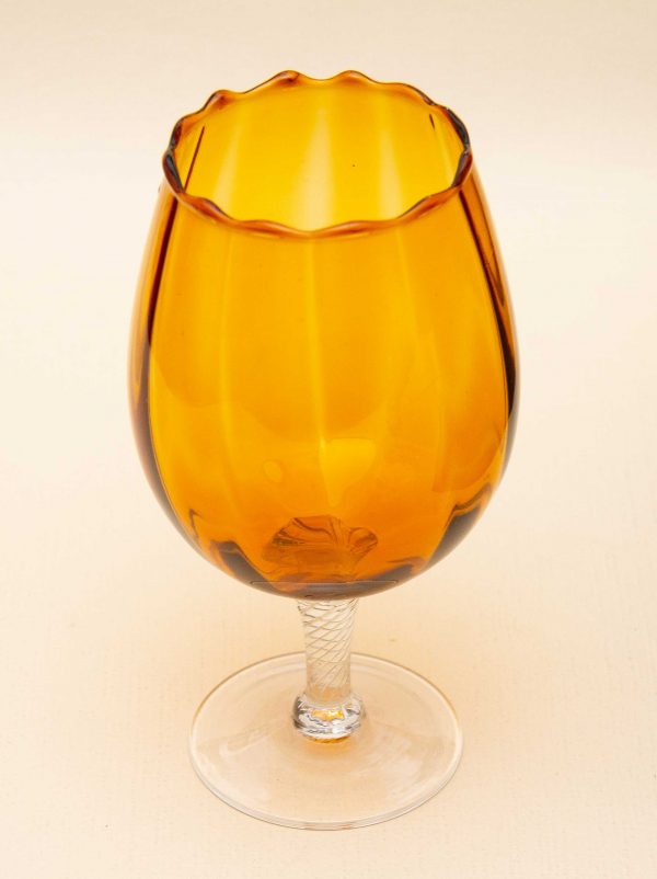 Large Vintage Fluted Amber Glass Vase Clear Twisted Stem - Love Vintage