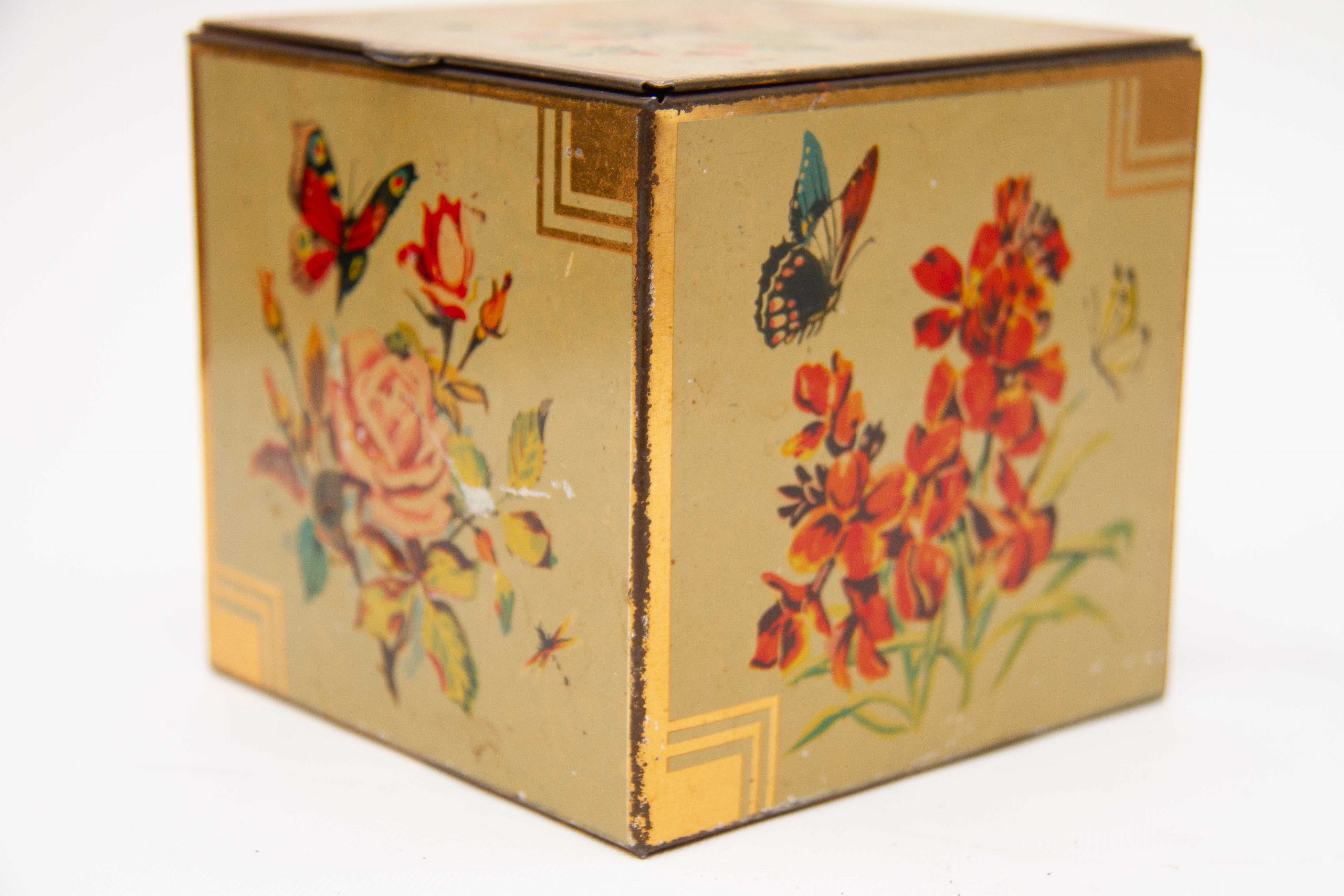 Vintage Square Tea Tin Butterflies, Roses, Floral Design Tea Caddy ...